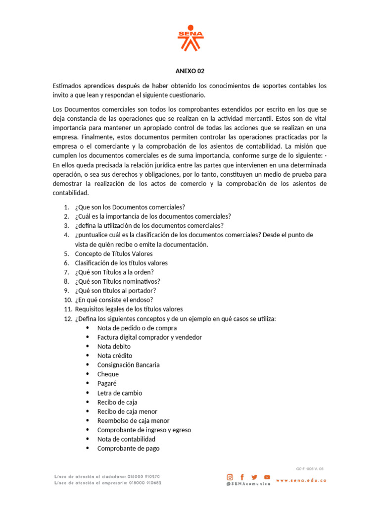 Cuestionario de Documentos Comerciales | PDF