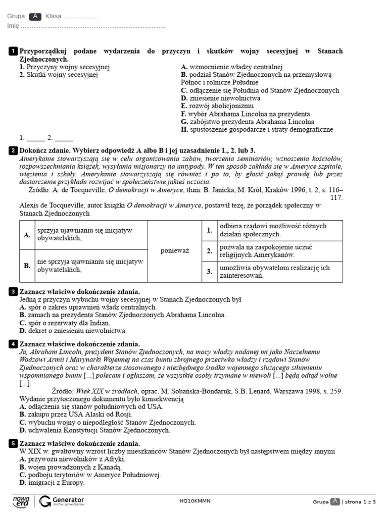 3.1 Stany Zjednoczone W XIX Wieku Test (Bez Widocznej Punktacji) | PDF