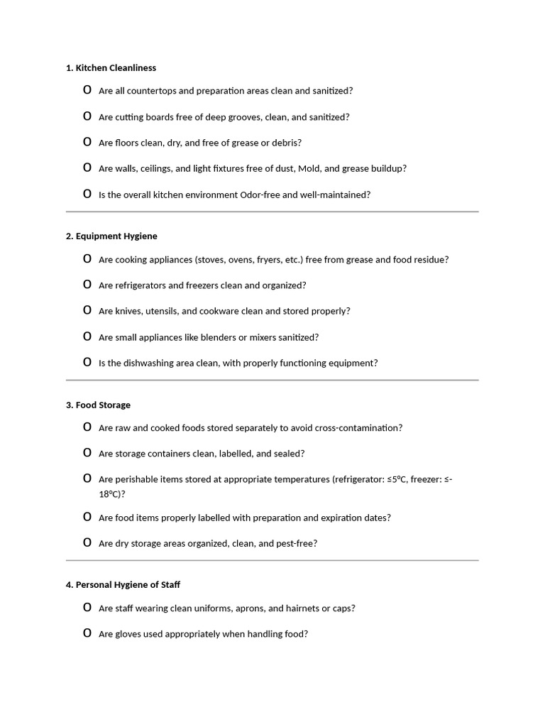 Comprehensive Kitchen Inspection Checklist | PDF | Kitchen | Refrigerator