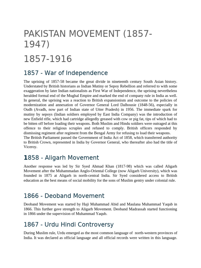Pakistan Movement 1857-1947 | PDF | Muhammad Ali Jinnah | All India ...