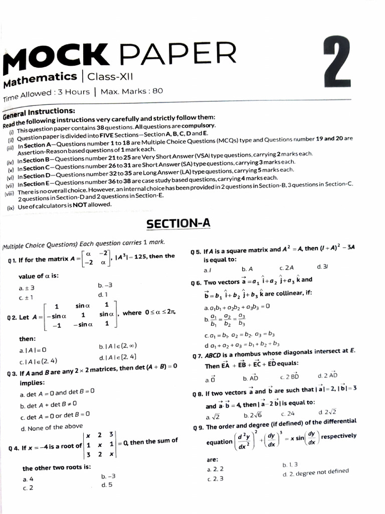 Sample Paper Mathematics | PDF | Linear Algebra | Mathematical Physics
