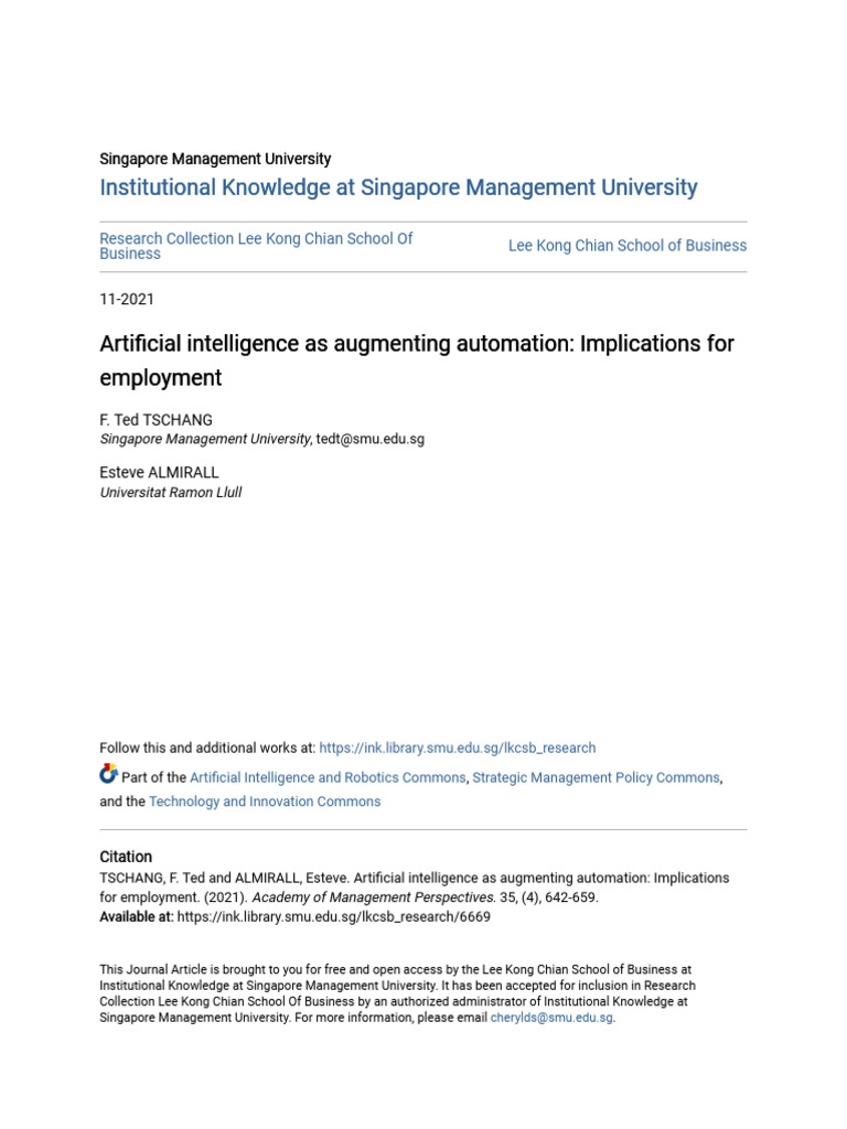 Artificial Intelligence As Augmenting Automation - Implications Fo | PDF | Artificial ...