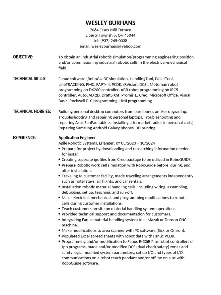 Dice Resume CV Wesley Burhans | PDF | Programmable Logic Controller | Robot
