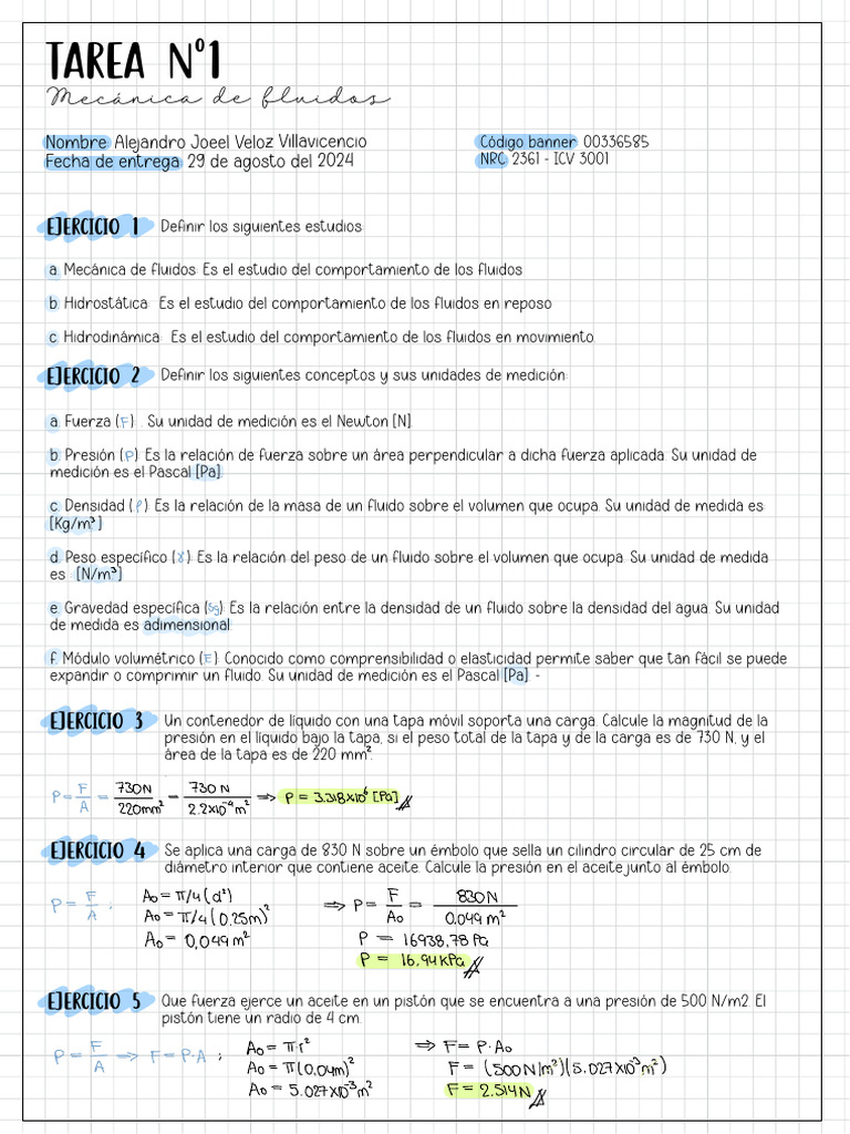 Tarea 1 - Alejandro Veloz | PDF | Viscosidad | Pascal (Unidad)