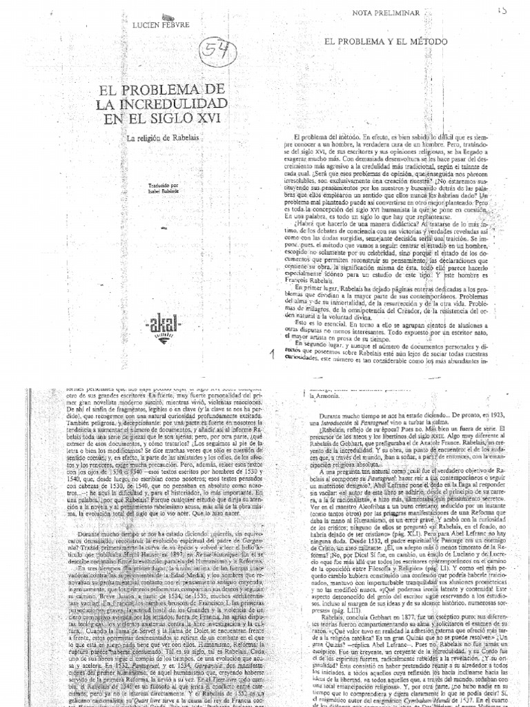 Teóricos - Febvre-elproblemadelaincredulidad | PDF | Teología | Concepciones de dios