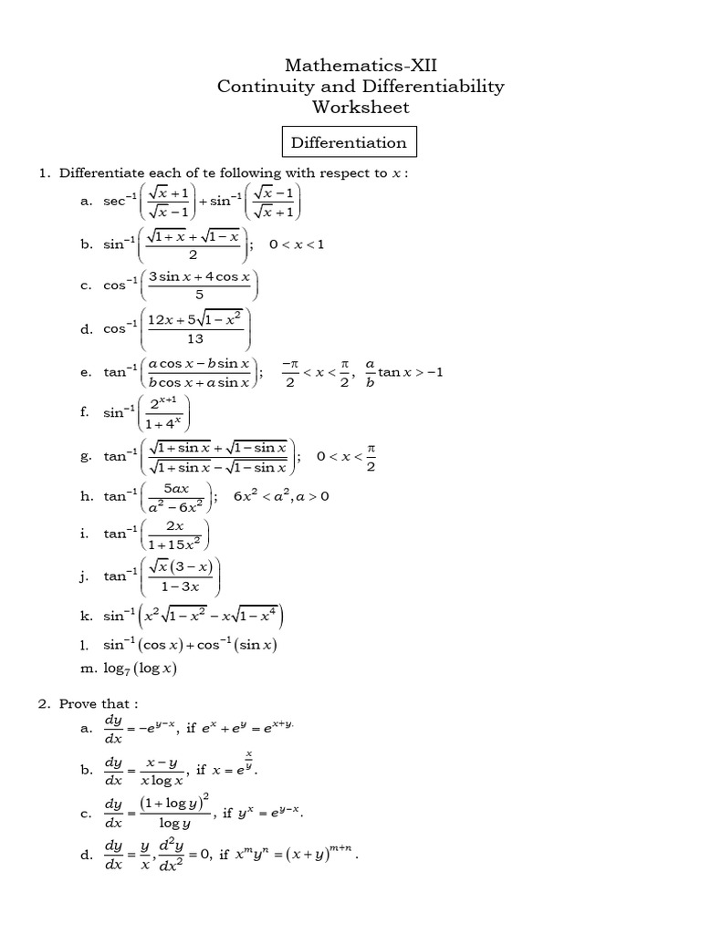 Documents null-Continuity&Differentiability XII Worksheet | PDF | Function (Mathematics ...