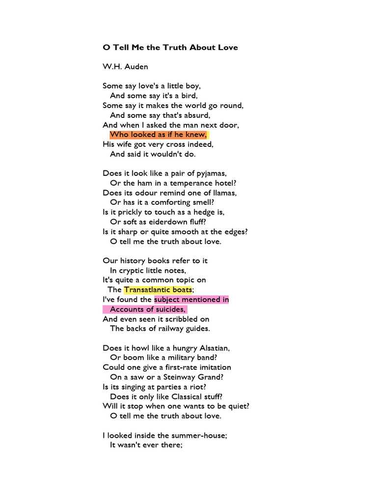 Auden W.H. O Tell Me the Truth About Love | PDF