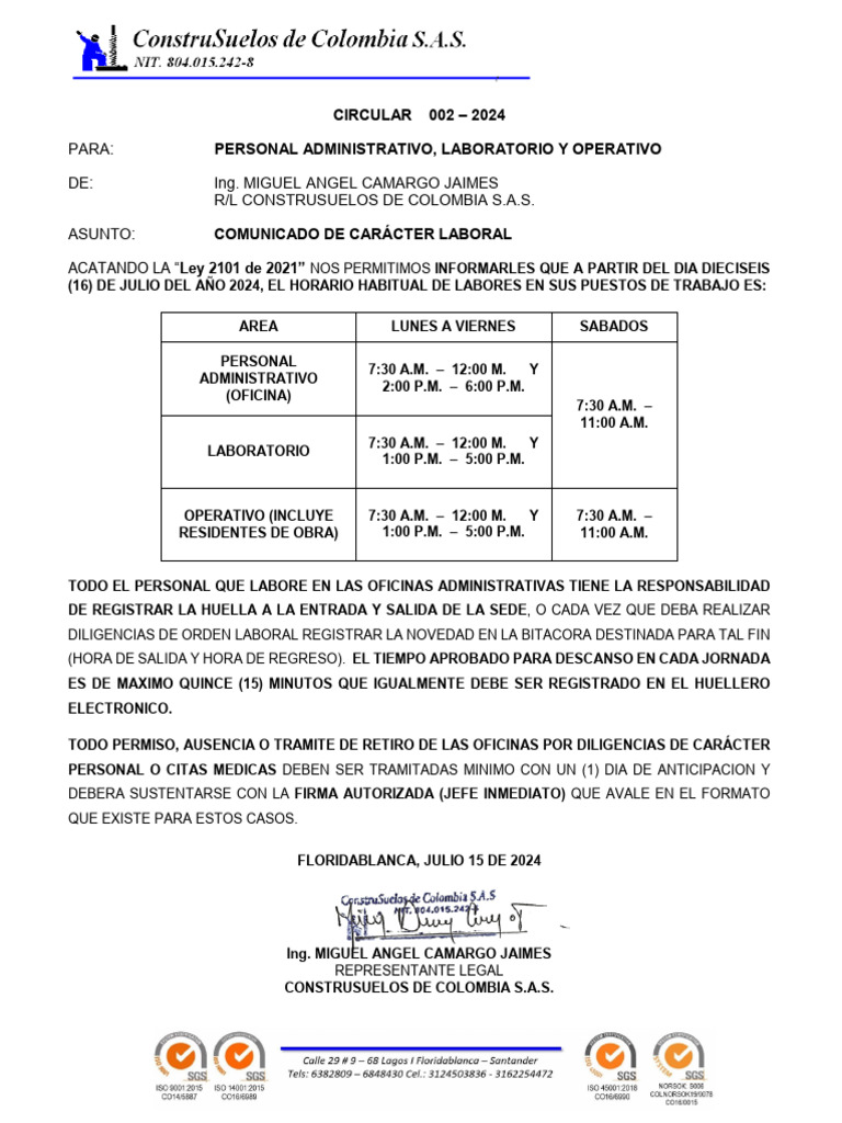 Circular 002-2024 Horario Personal | PDF
