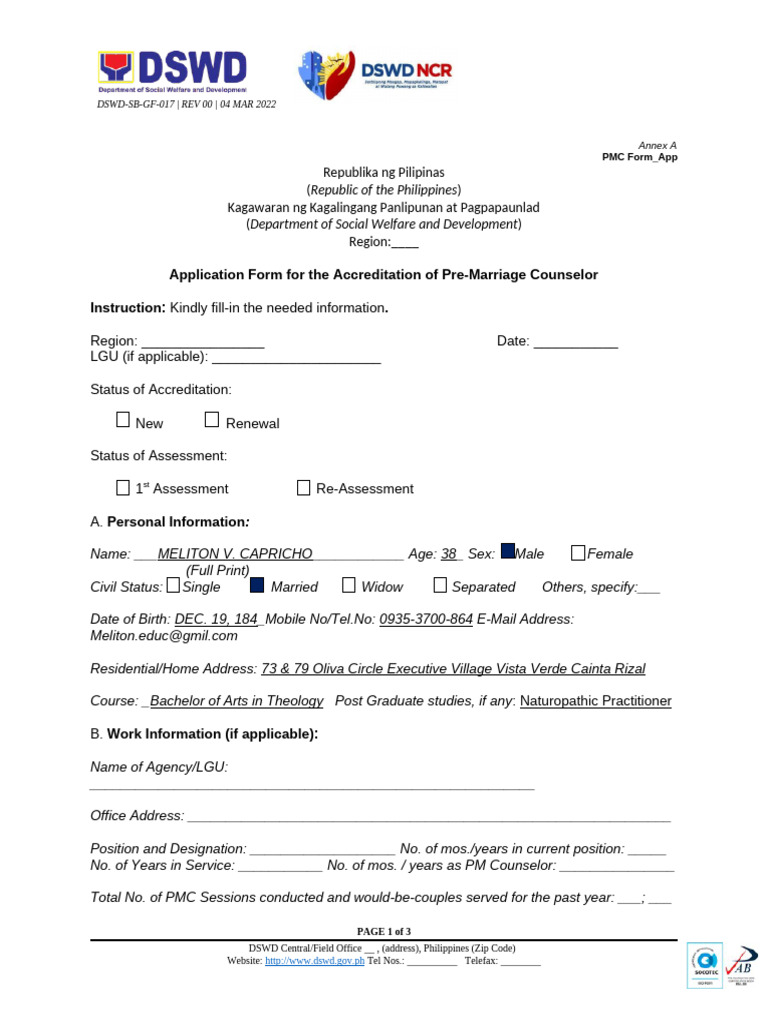 ANSWER DSWD-SB-GF-017 Application Form For The Accreditation of Pre ...
