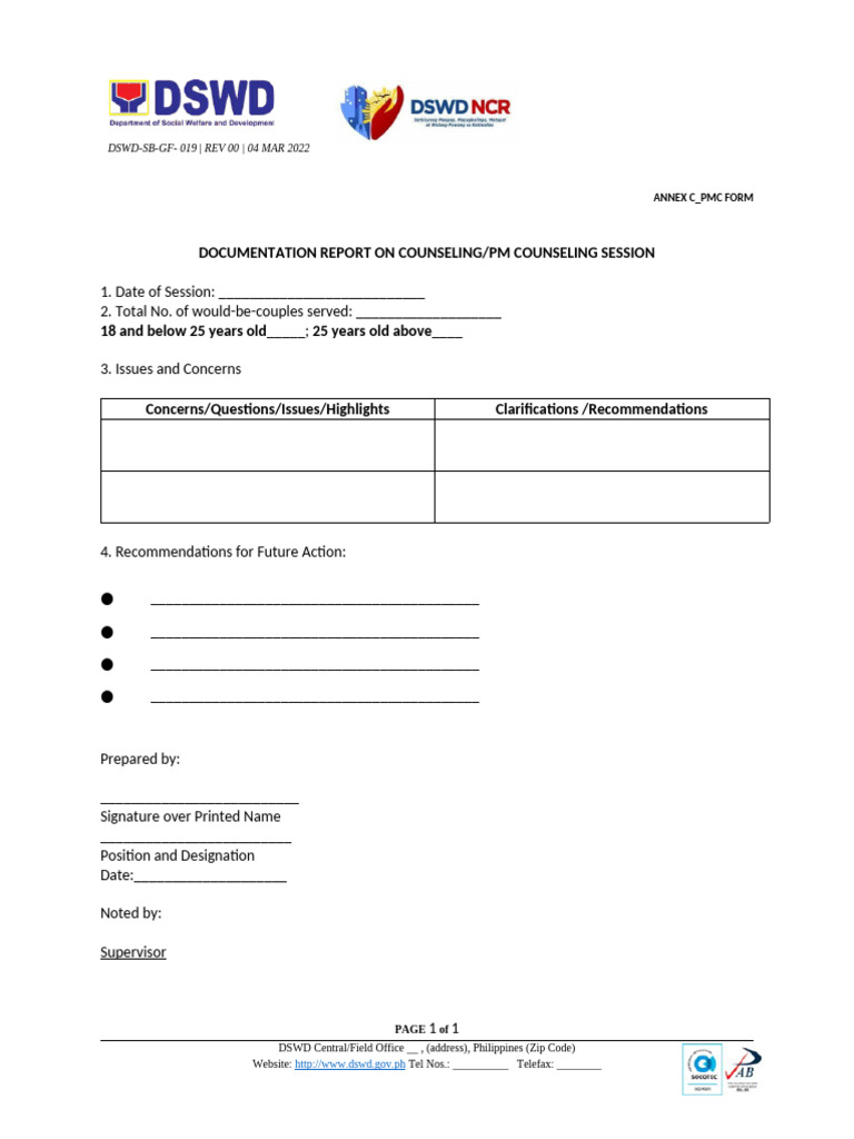 DSWD Counseling Session Report Form | PDF