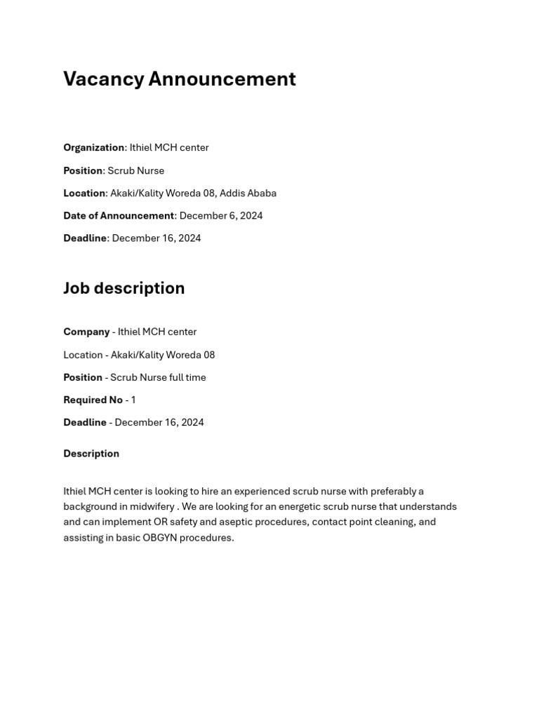 Scrub Nurse - Ithiel MCH center | PDF