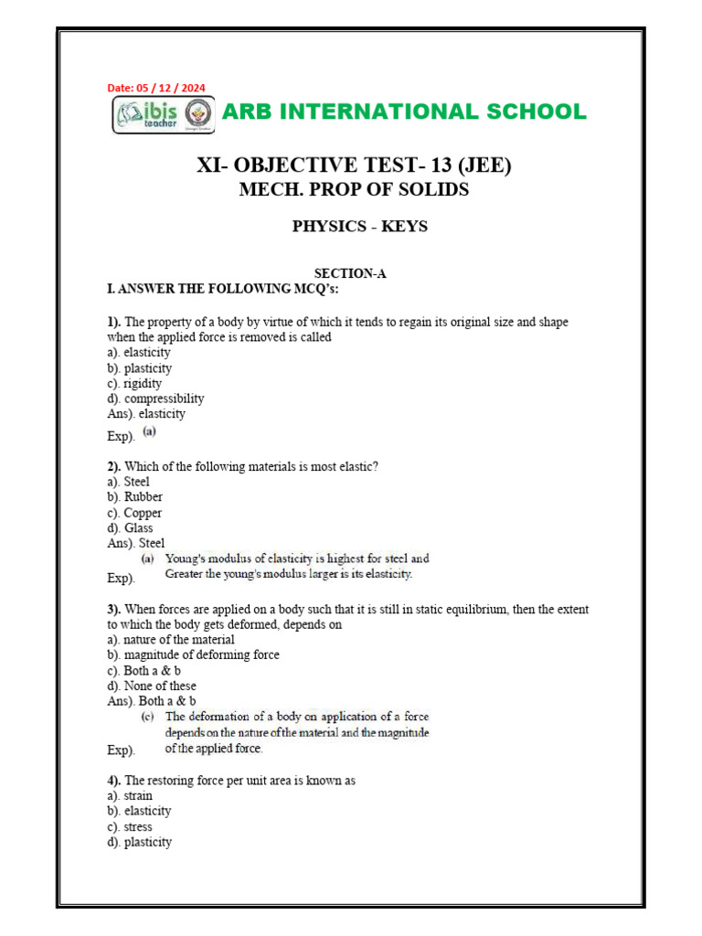 XI-PHY-OT-13(JEE) KEYS | PDF | Elasticity (Physics) | Deformation (Engineering)