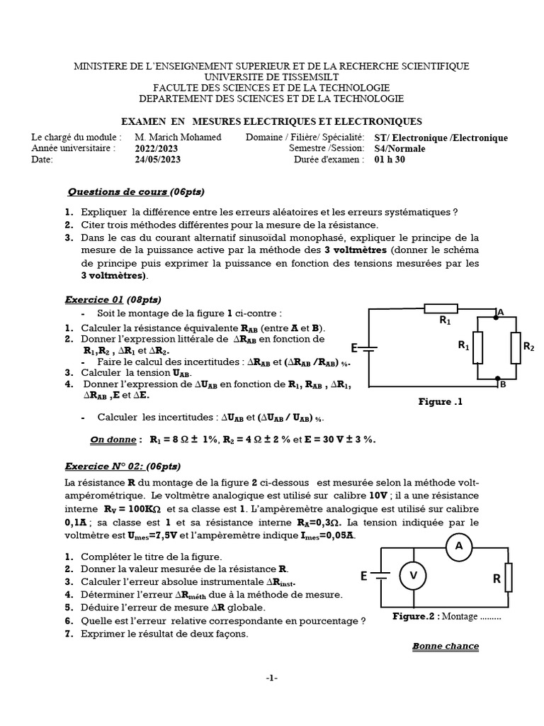 Examen1 Mesures Électriques Et Électroniques | PDF | Tension électrique | Électronique