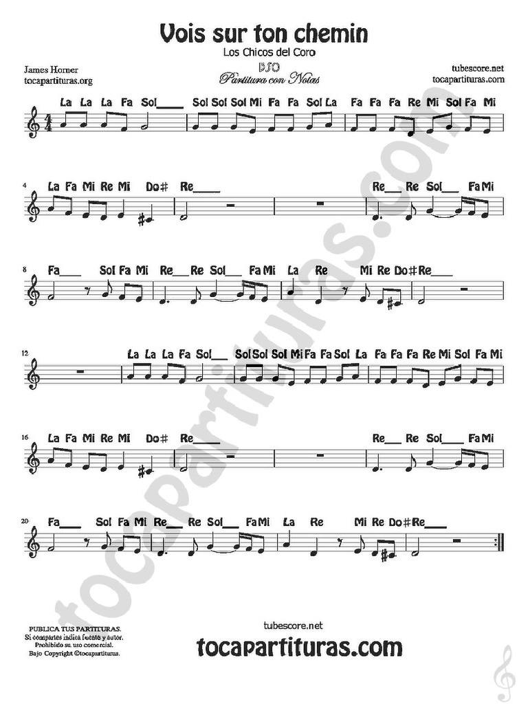 Vois sur ton chemin Partitura con Notas Los chicos del coro Partitura ...