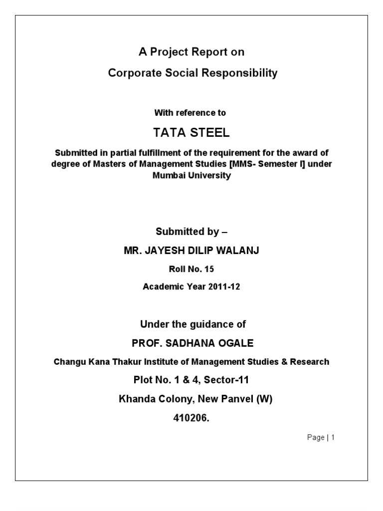 Project Report On CSR of Tata Steel | PDF | Corporate Social ...