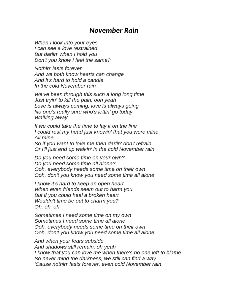 Cold November Rain Lyrics Analysis | PDF