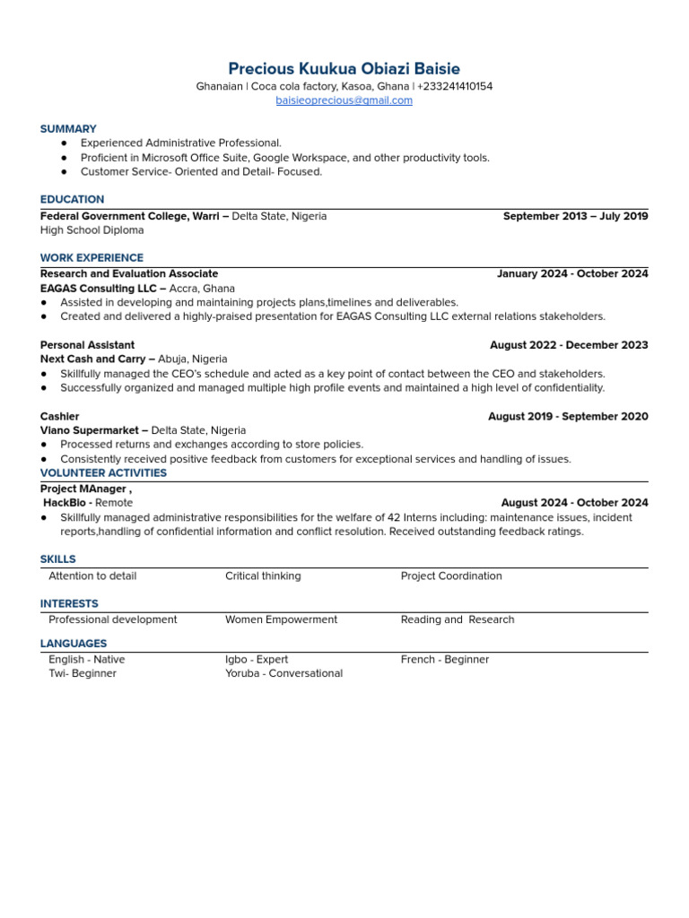 Precious Kuukua Resume PDF | PDF