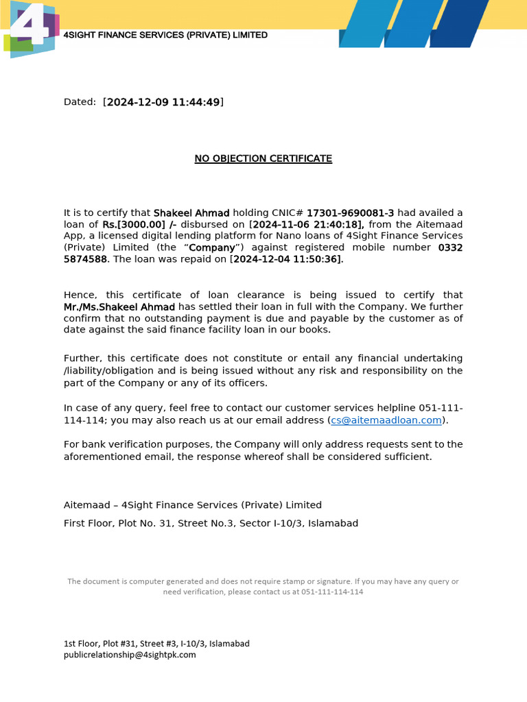 Loan Clearance Certificate Issued | PDF