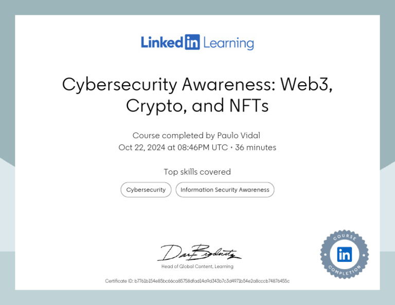 CertificateOfCompletion_Cybersecurity Awareness Web3 Crypto and NFTs | PDF