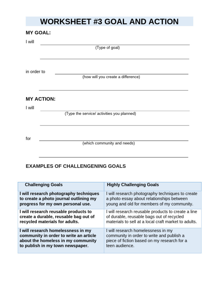 Worksheet 3 Goal and Action | PDF