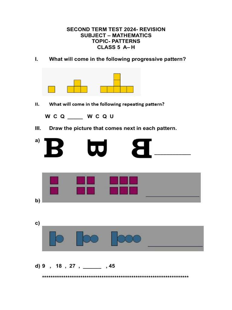 Class 5 Math Patterns Revision Test | PDF