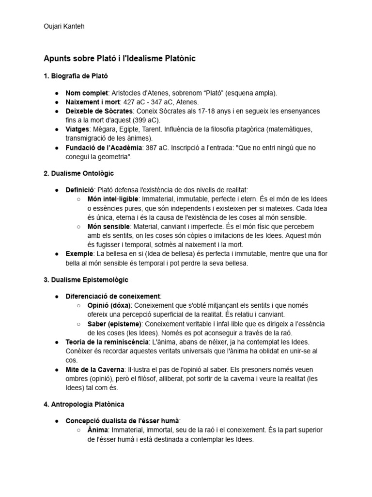 Apunts Sobre Plató I L'idealisme Platònic | PDF