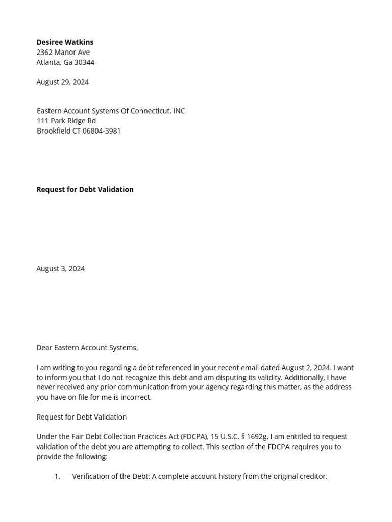 Eastern Account Systems of Connecticut INC - Request For Debt ...