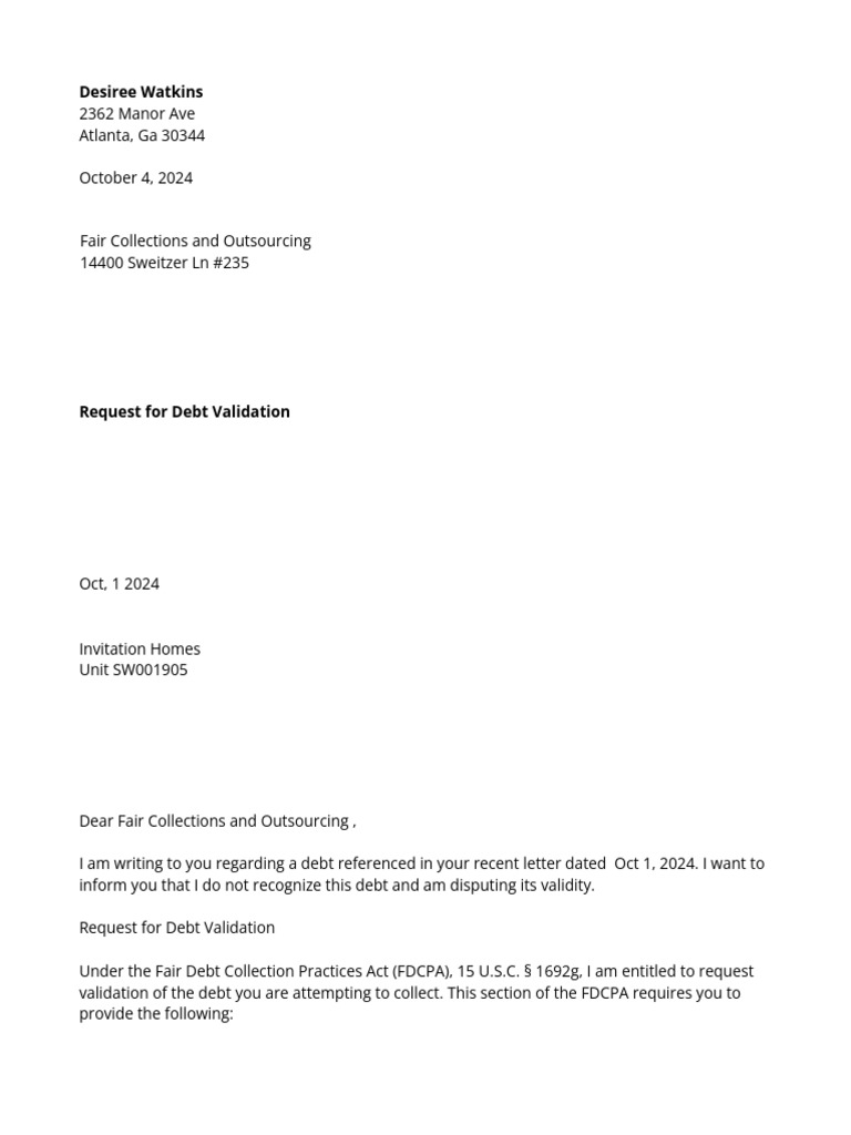 Fair Collections and Outsourcing - Request For Debt Validation | PDF ...