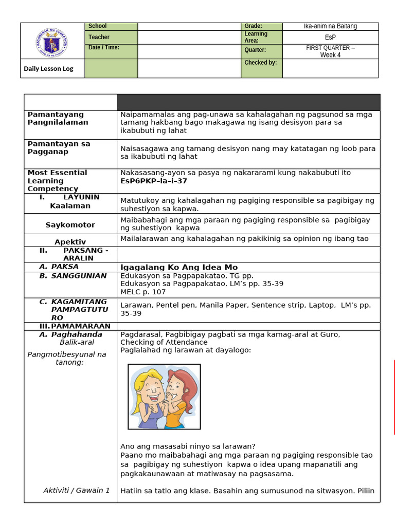EsP6 Lesson Plan Q1 W4 | PDF