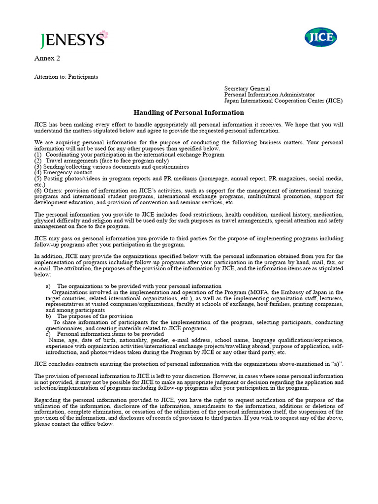 JICE Personal Information Handling Consent | PDF | Justice | Crime ...