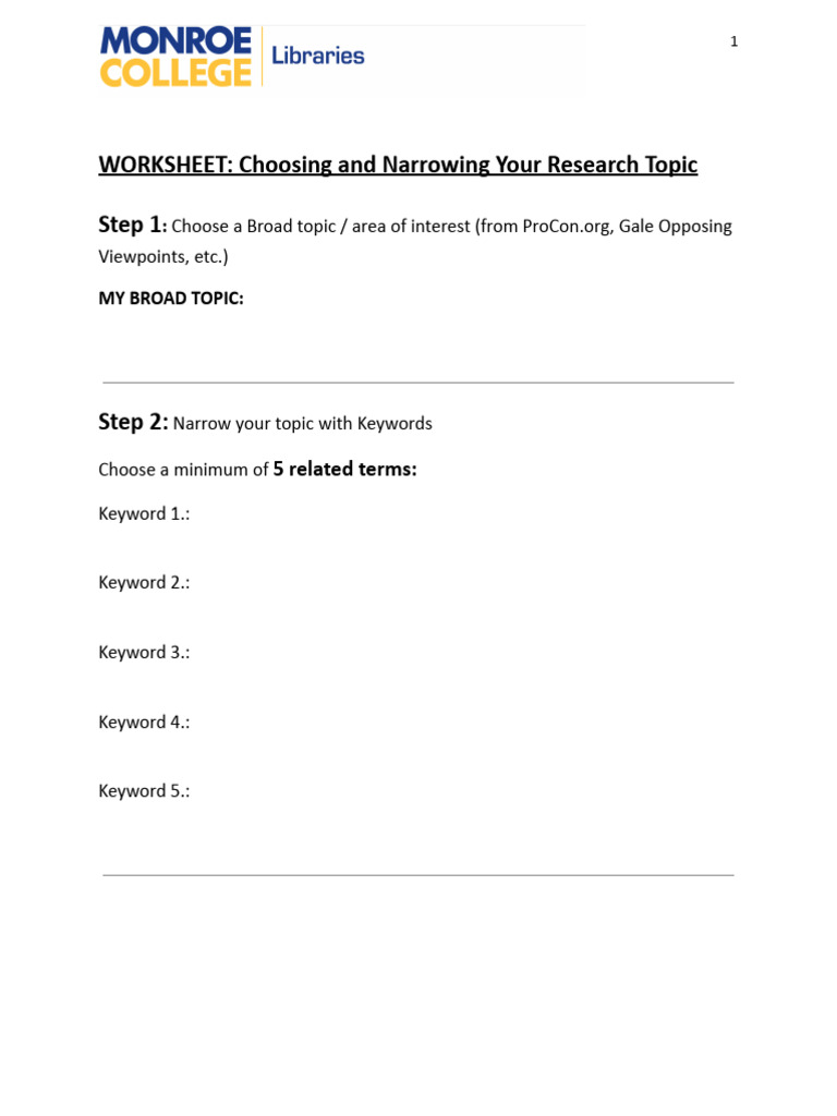 Worksheet - Choosing and Narrowing Your Research Topic | PDF