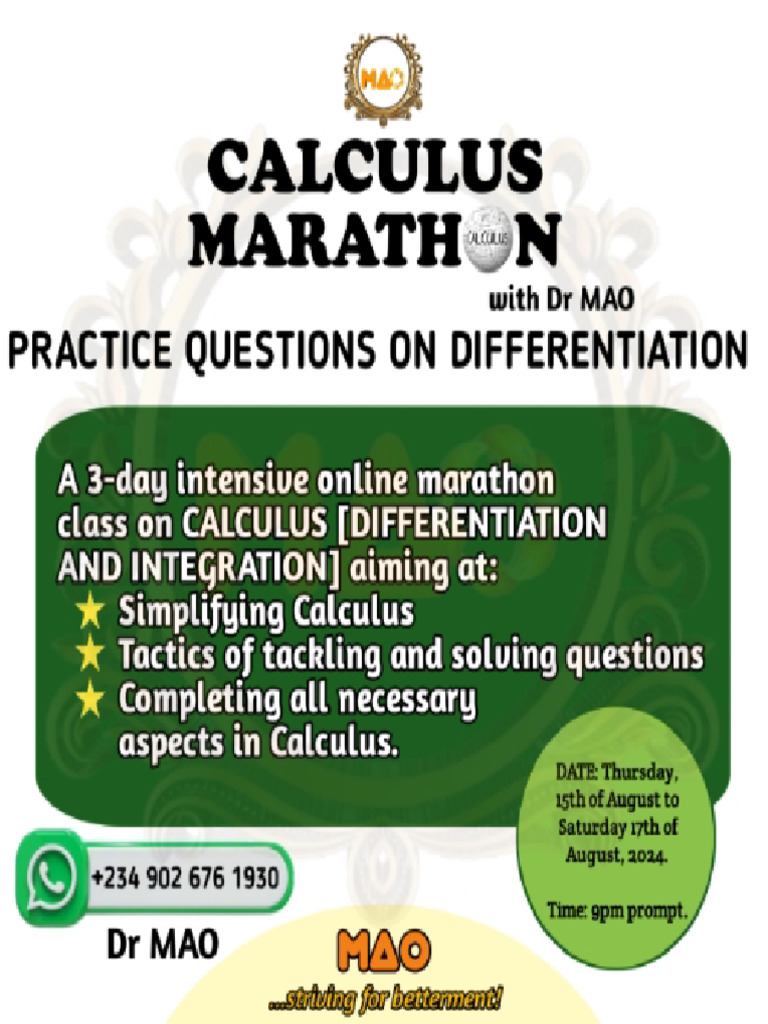 CALCULUS MARATHON DIFFERENTIATION QUESTIONS Compiled by DR MAO | PDF