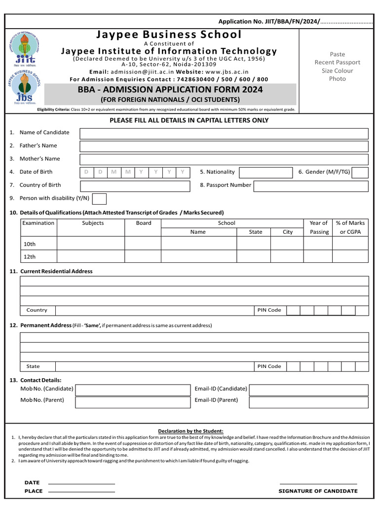 BBA Admission Form 2024 for Foreign Nationals | PDF | Justice | Crime ...