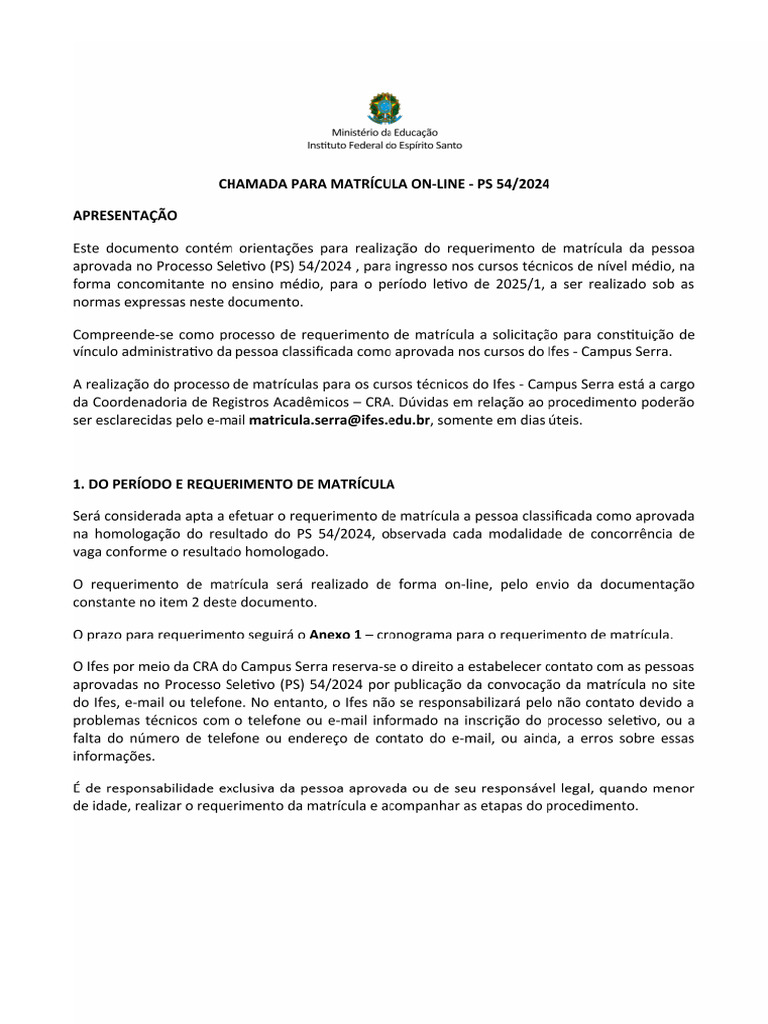 Documentos Necessários para Matrícula PS 54/2024 | PDF