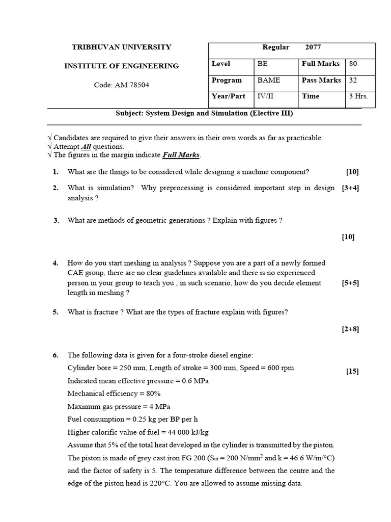 System Design & Simulation Exam Questions | PDF | Diesel Engine ...