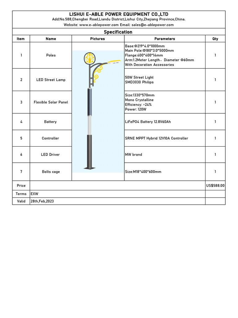 Quotation Sheet 50W Solar Power System With Flexible Vertical Solar ...