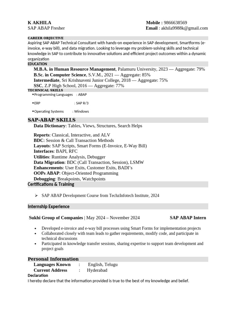 SAP ABAP Fresher Resume - K Akhila | PDF