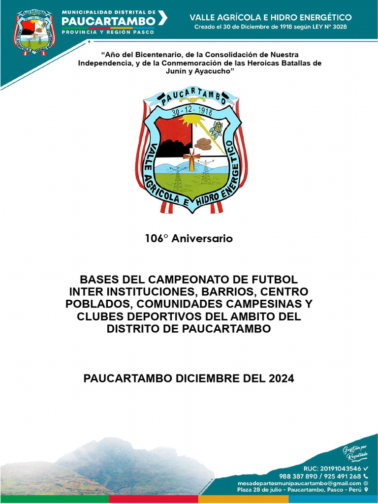 Bases Campeonato de Futbol Libre 106° Años | PDF | Documento de ...
