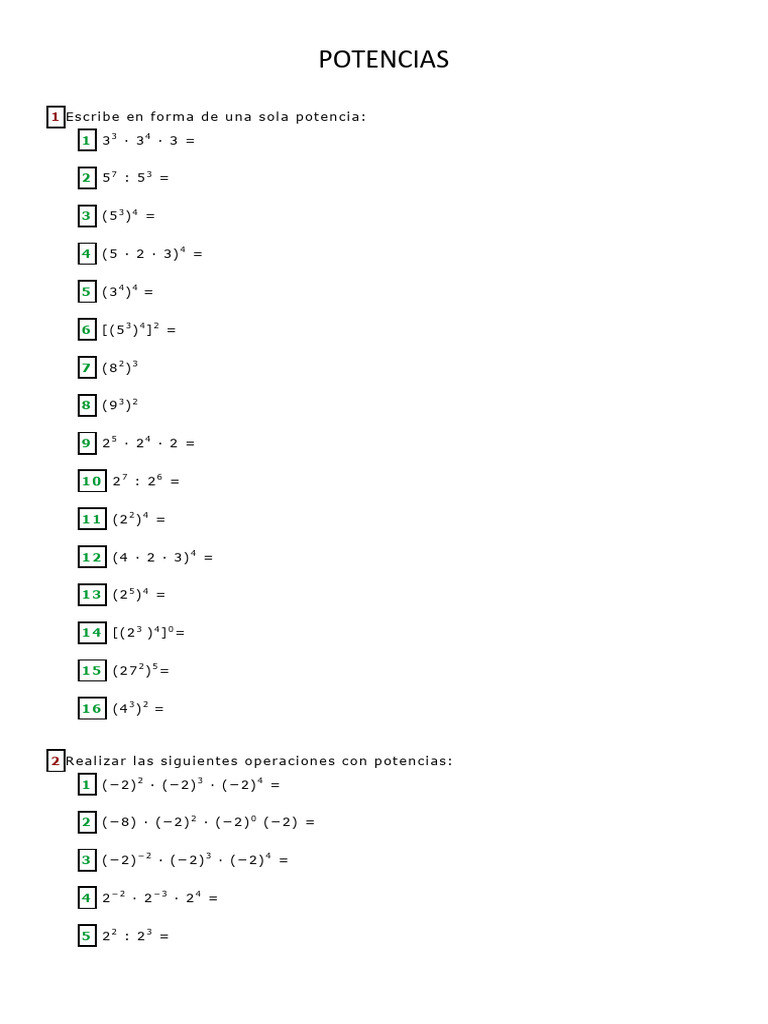 Ejercicios de Potencias Primero de La ESO | PDF
