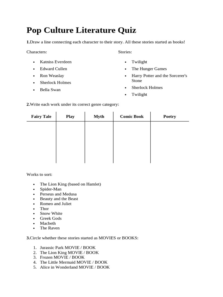 Pop Culture Literature Quiz Activities | PDF | Harry Potter | Twilight ...