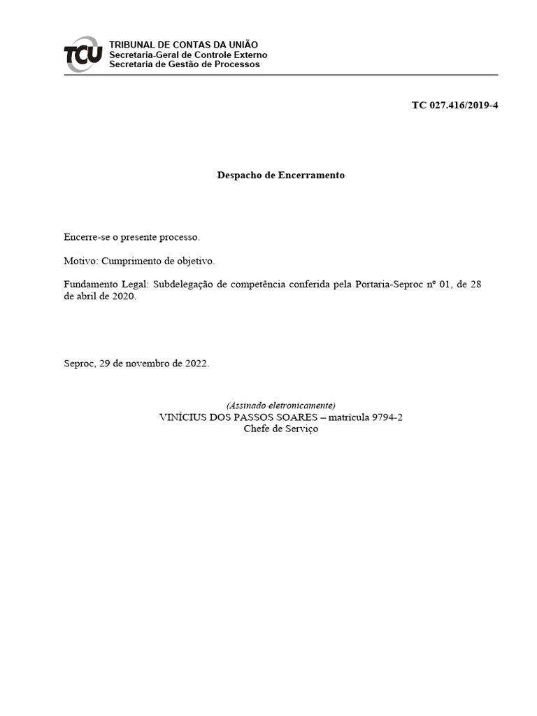 IdSisdoc - 26864656v2-64 - Processo 2741620194 - Modelo de Despacho de Encerramento de Processo ...
