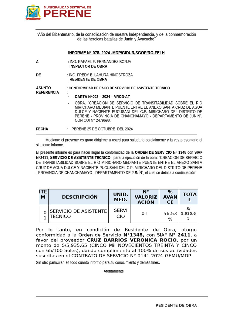 INFORME N°078 - CONFORMIDAD DE PAGO DE SERVICIO de Asistente Tecnico | PDF