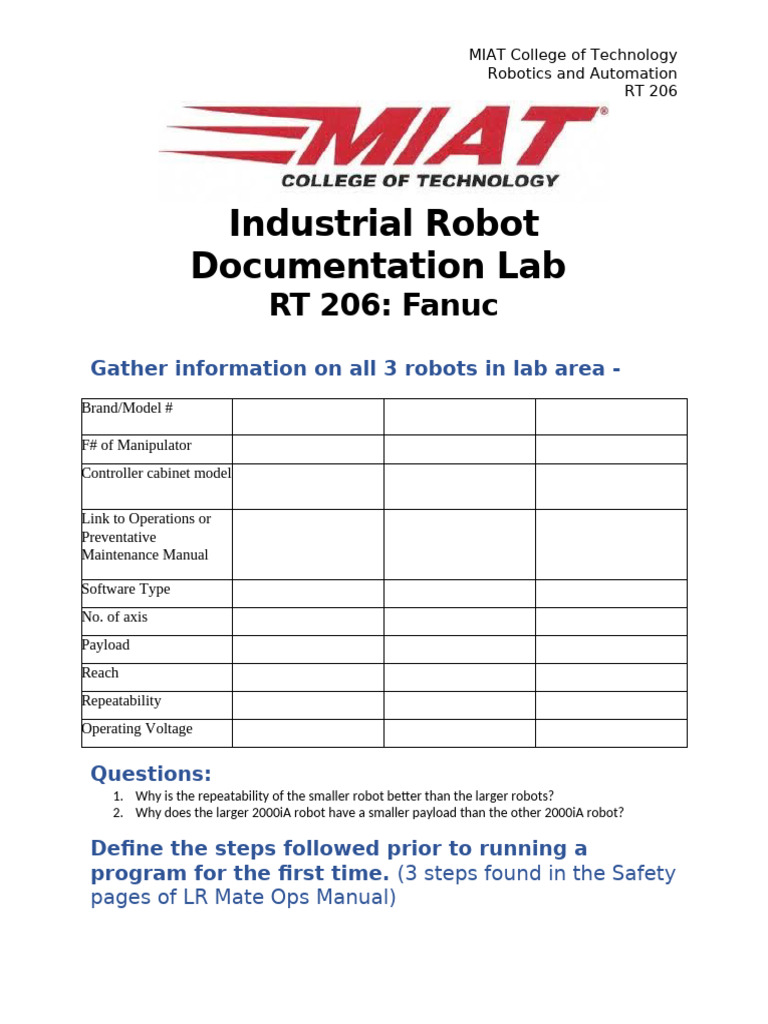 RT 206 Industrial Robot Documentation Lab-1 | PDF