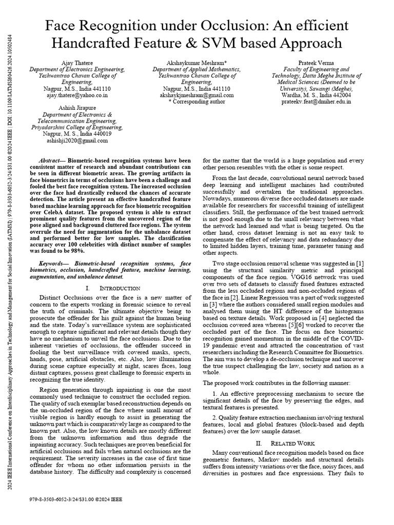 Face Recognition Under Occlusion an Efficient Handcrafted Feature Amp SVM Based Approach | PDF ...
