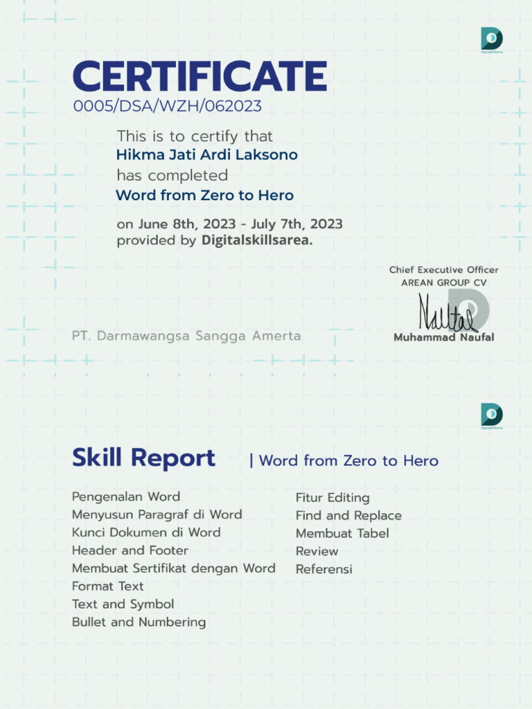 Sertifikat Word from Zero | PDF