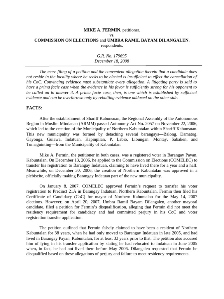 Case # 49 - MIKE A. FERMIN VS. COMELEC | PDF | Justice | Crime & Violence