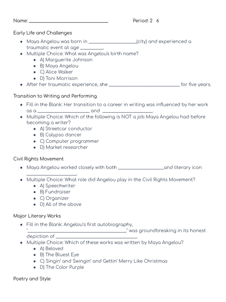 Maya Angelou life quiz | PDF | Maya Angelou
