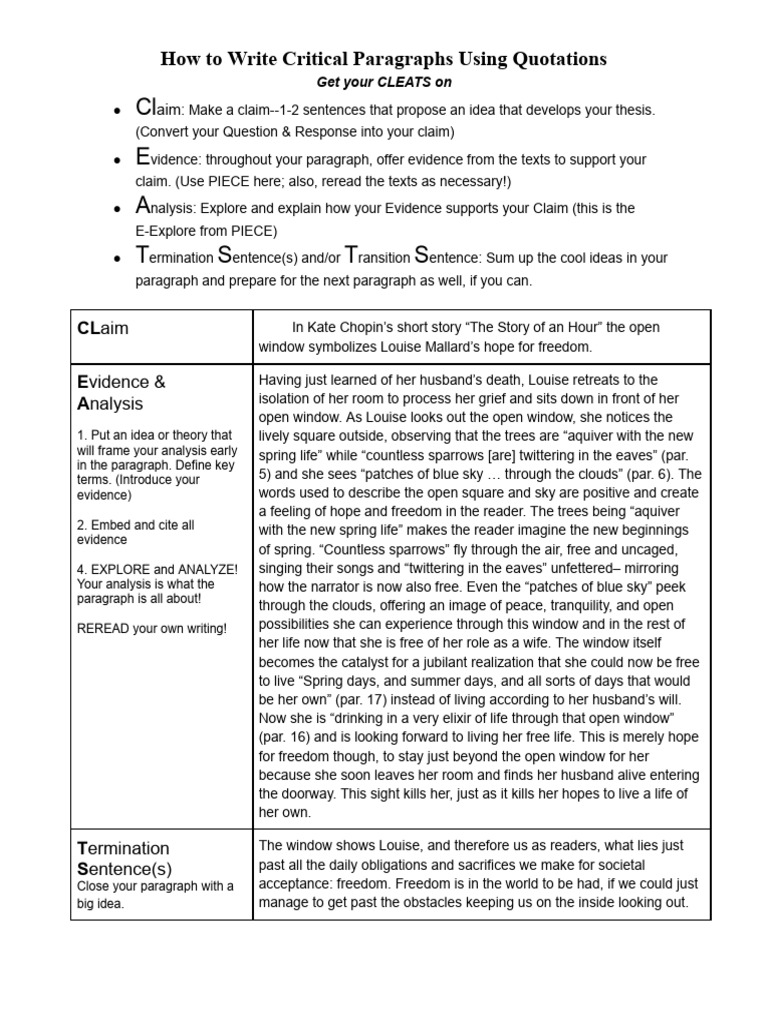 How To Write a Critical Paragraph Using Quotations: CLEATS | PDF