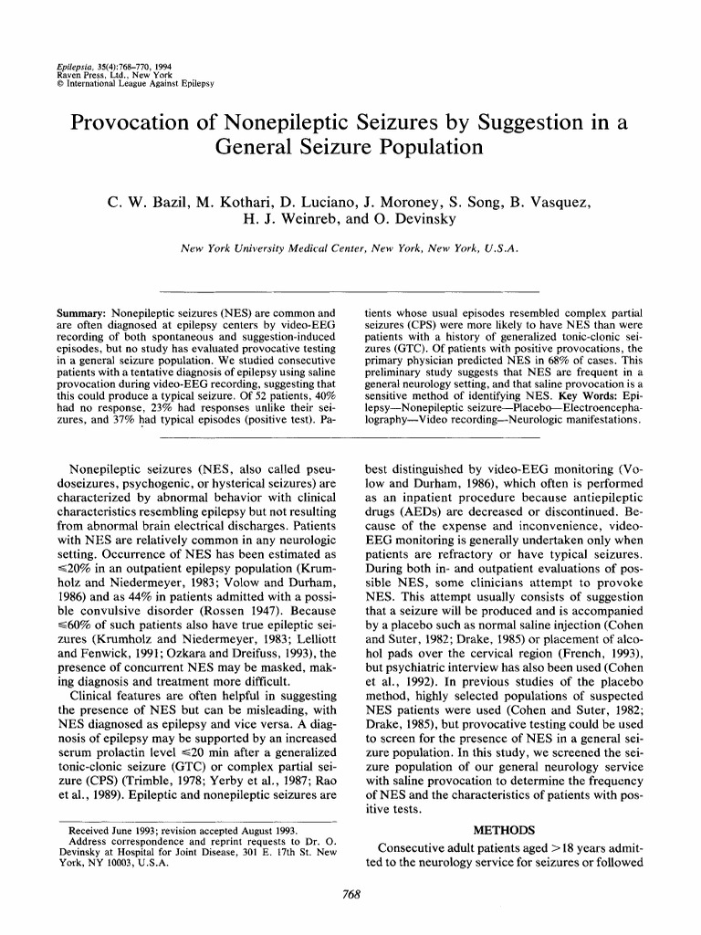 Provocation of Nonepileptic Seizures by Suggestion in a | PDF ...