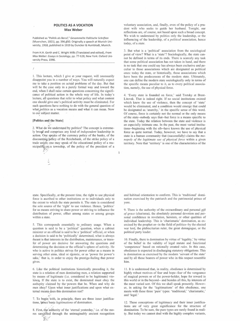 12 Weber Politics As A Vocation | PDF